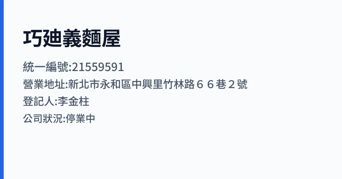 巧廸義麵屋 - 統編 21559591(新北市) 公司登記資料與營業項目詳細圖表