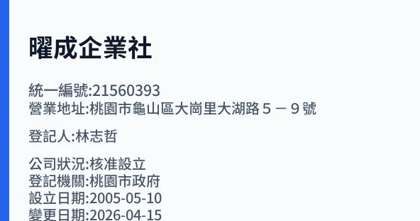 曜成企業社的照片-統編 21560393(桃園市) 公司登記資料與營業項目詳細圖表