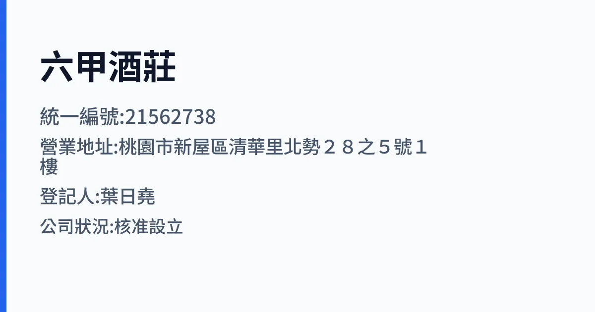六甲酒莊 - 統編 21562738(桃園市) 公司登記資料與營業項目詳細圖表