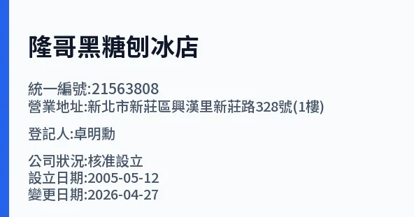 隆哥黑糖刨冰店的照片-統編 21563808(新北市) 公司登記資料與營業項目詳細圖表