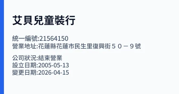 艾貝兒童裝行的照片-統編 21564150(花蓮縣) 公司登記資料與營業項目詳細圖表