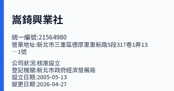 嵩錡興業社的照片-統編 21564980(新北市) 公司登記資料與營業項目詳細圖表