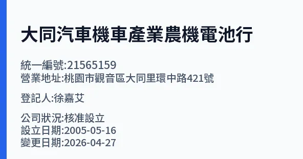 大同汽車機車產業農機電池行的照片-統編 21565159(桃園市) 公司登記資料與營業項目詳細圖表