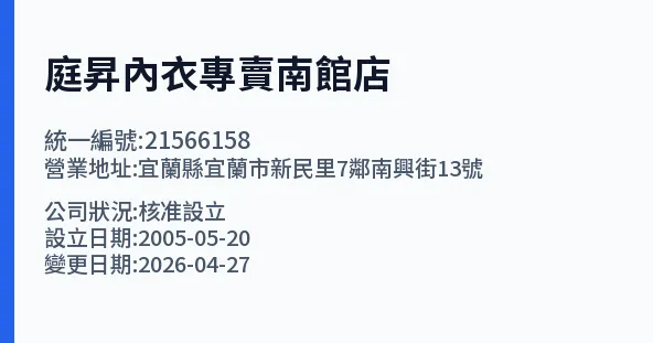 庭昇內衣專賣南館店的照片-統編 21566158(宜蘭縣) 公司登記資料與營業項目詳細圖表
