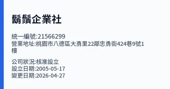鬍鬚企業社的照片-統編 21566299(桃園市) 公司登記資料與營業項目詳細圖表
