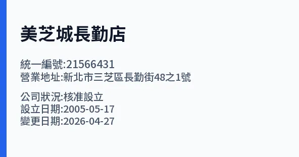 美芝城長勤店的照片-統編 21566431(新北市) 公司登記資料與營業項目詳細圖表