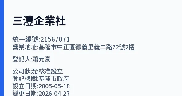 三灃企業社的照片-統編 21567071(基隆市) 公司登記資料與營業項目詳細圖表