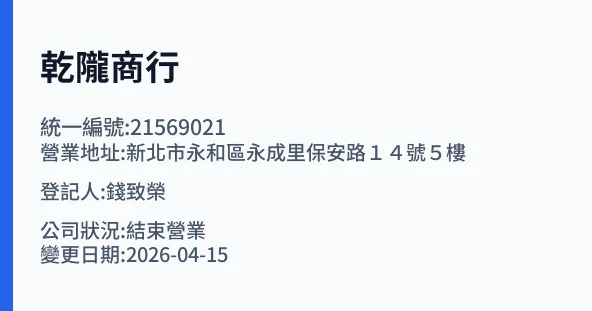 乾隴商行的照片-統編 21569021(新北市) 公司登記資料與營業項目詳細圖表