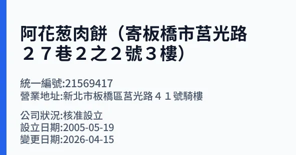 阿花葱肉餅（寄板橋市莒光路２７巷２之２號３樓）的照片-統編 21569417(新北市) 公司登記資料與營業項目詳細圖表