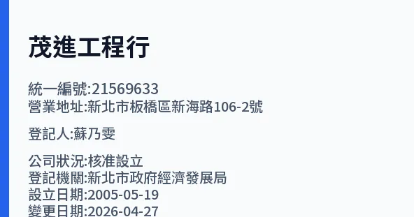 茂進工程行的照片-統編 21569633(新北市) 公司登記資料與營業項目詳細圖表