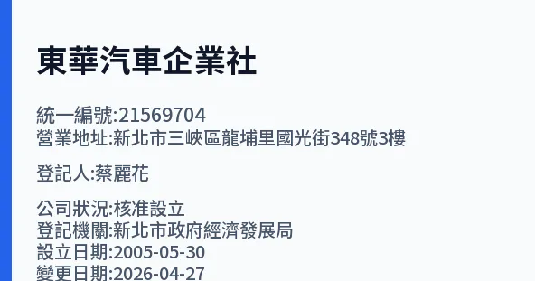 東華汽車企業社的照片-統編 21569704(新北市) 公司登記資料與營業項目詳細圖表