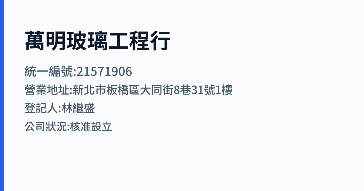 萬明玻璃工程行 - 統編 21571906(新北市) 公司登記資料與營業項目詳細圖表