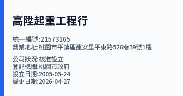 高陞起重工程行的照片-統編 21573165(桃園市) 公司登記資料與營業項目詳細圖表
