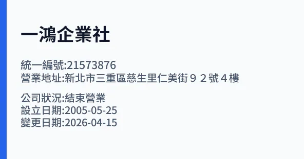 一鴻企業社的照片-統編 21573876(新北市) 公司登記資料與營業項目詳細圖表