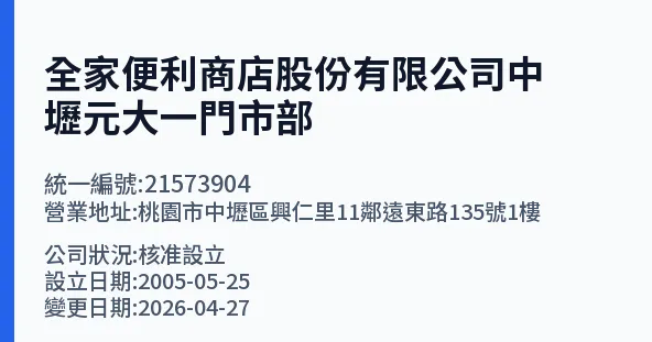 全家便利商店股份有限公司中壢元大一門市部的照片-統編 21573904(桃園市) 公司登記資料與營業項目詳細圖表