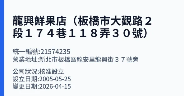 龍興鮮果店（板橋市大觀路２段１７４巷１１８弄３０號）的照片-統編 21574235(新北市) 公司登記資料與營業項目詳細圖表
