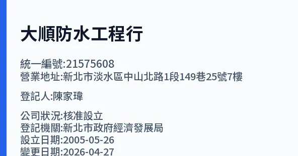 大順防水工程行的照片-統編 21575608(新北市) 公司登記資料與營業項目詳細圖表