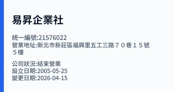 易昇企業社的照片-統編 21576022(新北市) 公司登記資料與營業項目詳細圖表