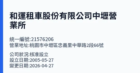 和運租車股份有限公司中壢營業所的照片-統編 21576206(桃園市) 公司登記資料與營業項目詳細圖表