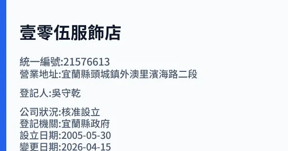 壹零伍服飾店的照片-統編 21576613(新北市) 公司登記資料與營業項目詳細圖表