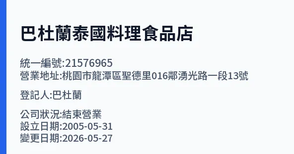 巴杜蘭泰國料理食品店的照片-統編 21576965(桃園市) 公司登記資料與營業項目詳細圖表