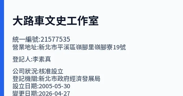 大路車文史工作室的照片-統編 21577535(新北市) 公司登記資料與營業項目詳細圖表