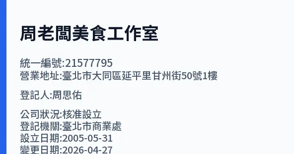 周老闆美食工作室的照片-統編 21577795(臺北市) 公司登記資料與營業項目詳細圖表