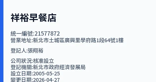 祥裕早餐店的照片-統編 21577872(新北市) 公司登記資料與營業項目詳細圖表