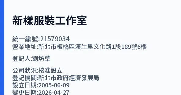 新樣服裝工作室的照片-統編 21579034(新北市) 公司登記資料與營業項目詳細圖表