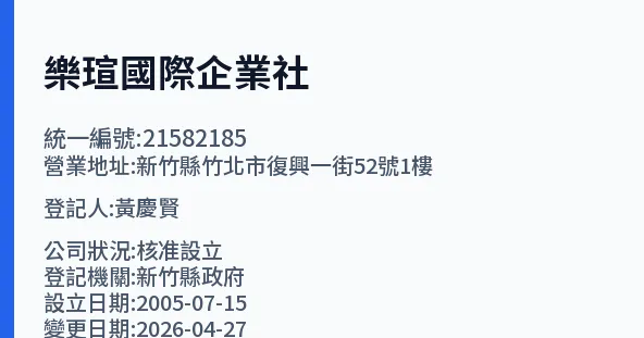 樂瑄國際企業社的照片-統編 21582185(新竹縣) 公司登記資料與營業項目詳細圖表