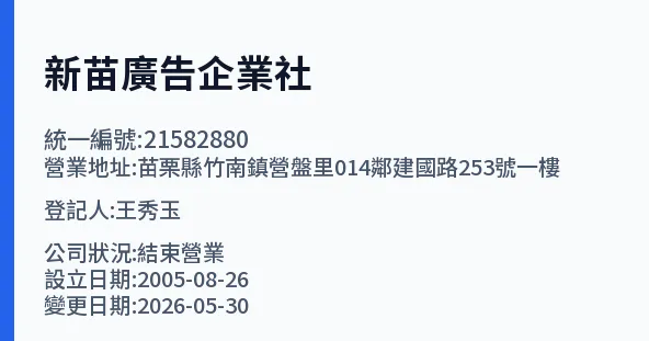 新苗廣告企業社的照片-統編 21582880(苗栗縣) 公司登記資料與營業項目詳細圖表