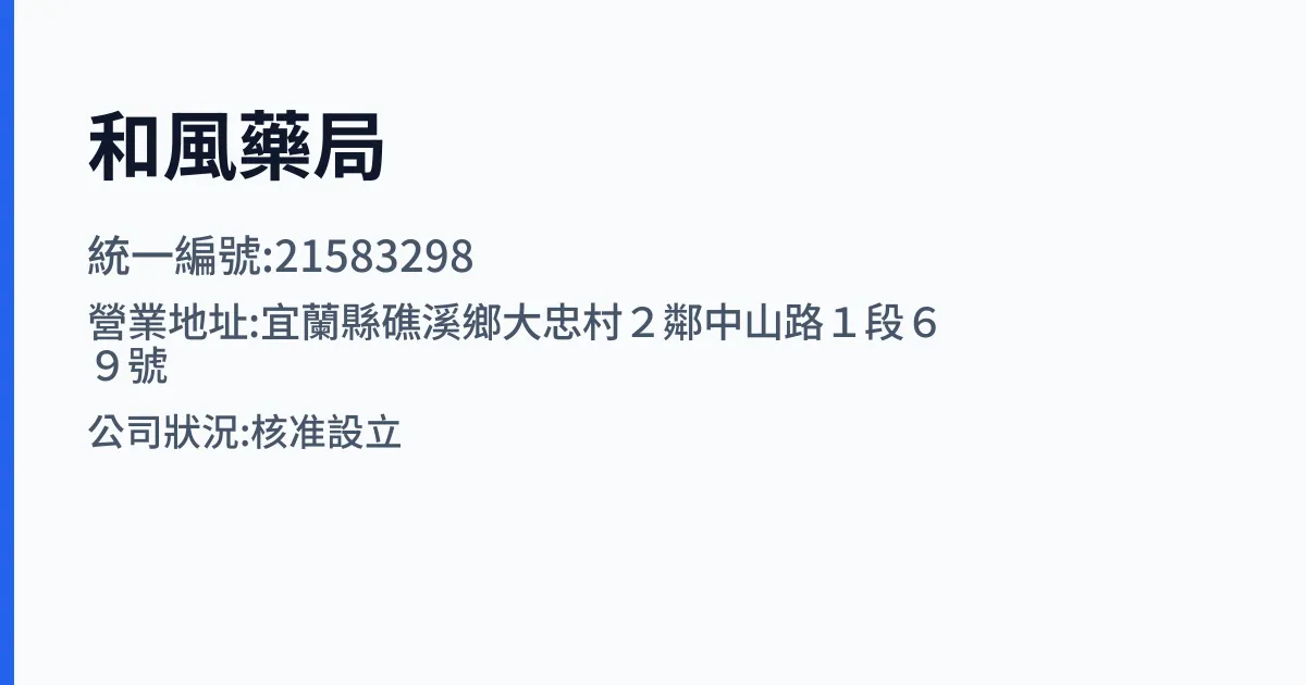 和風藥局 - 統編 21583298(宜蘭縣) 公司登記資料與營業項目詳細圖表