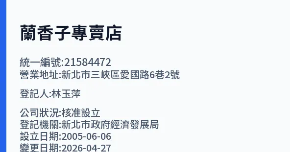 蘭香子專賣店的照片-統編 21584472(新北市) 公司登記資料與營業項目詳細圖表