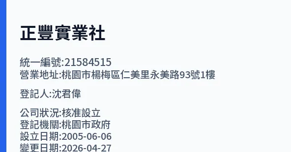 正豐實業社的照片-統編 21584515(桃園市) 公司登記資料與營業項目詳細圖表