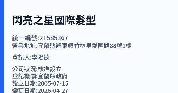閃亮之星國際髮型的照片-統編 21585367(宜蘭縣) 公司登記資料與營業項目詳細圖表