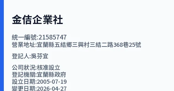 金佶企業社的照片-統編 21585747(宜蘭縣) 公司登記資料與營業項目詳細圖表