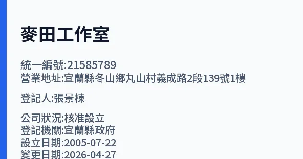 麥田工作室的照片-統編 21585789(宜蘭縣) 公司登記資料與營業項目詳細圖表