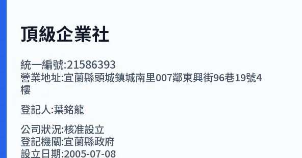 頂級企業社的照片-統編 21586393(宜蘭縣) 公司登記資料與營業項目詳細圖表