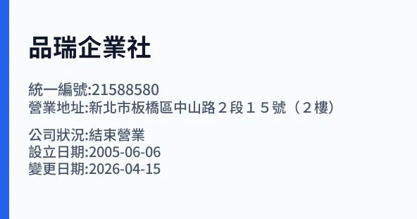 品瑞企業社的照片-統編 21588580(新北市) 公司登記資料與營業項目詳細圖表