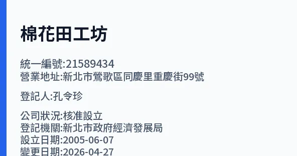 棉花田工坊的照片-統編 21589434(新北市) 公司登記資料與營業項目詳細圖表