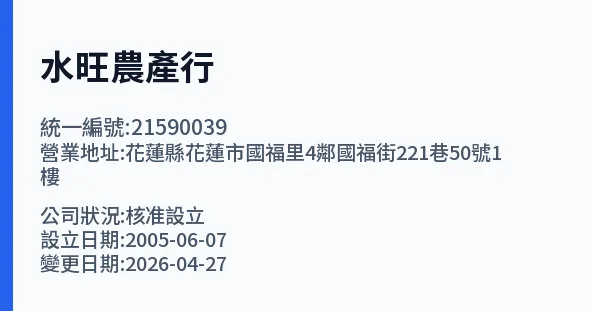 水旺農產行的照片-統編 21590039(花蓮縣) 公司登記資料與營業項目詳細圖表