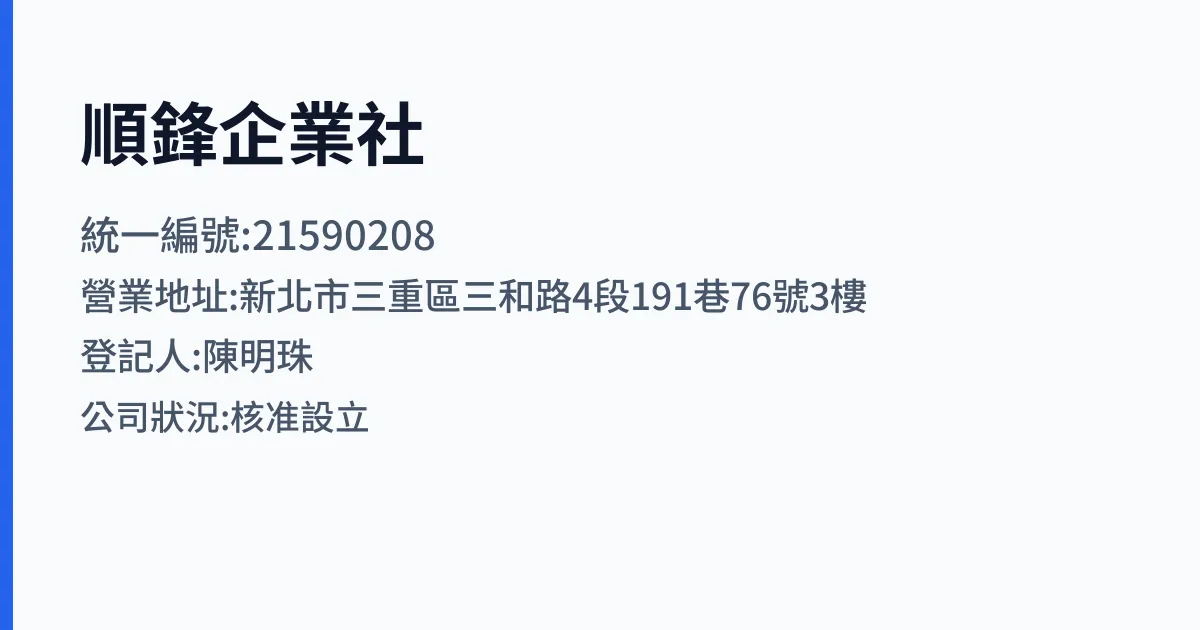 順鋒企業社 - 統編 21590208(新北市) 公司登記資料與營業項目詳細圖表