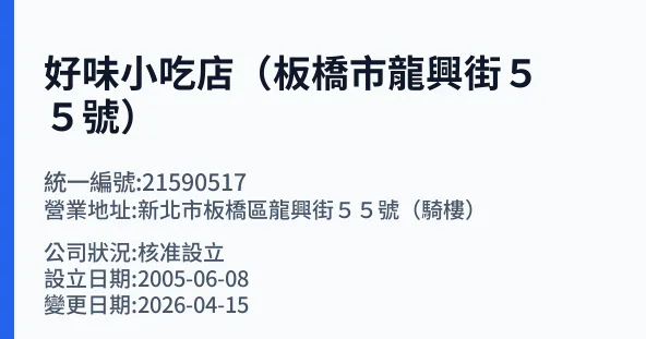 好味小吃店（板橋市龍興街５５號）的照片-統編 21590517(新北市) 公司登記資料與營業項目詳細圖表