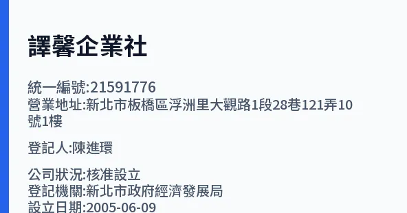 譯馨企業社的照片-統編 21591776(新北市) 公司登記資料與營業項目詳細圖表