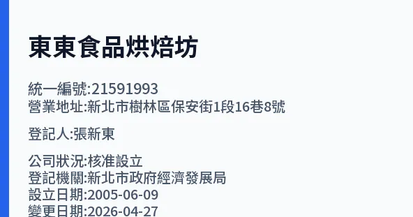 東東食品烘焙坊的照片-統編 21591993(新北市) 公司登記資料與營業項目詳細圖表
