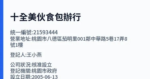 十全美伙食包辦行的照片-統編 21593444(桃園市) 公司登記資料與營業項目詳細圖表