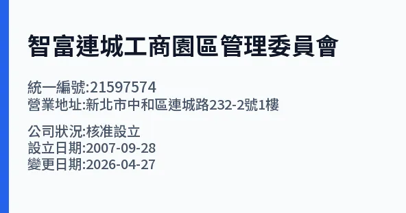 智富連城工商園區管理委員會的照片-統編 21597574(新北市) 公司登記資料與營業項目詳細圖表