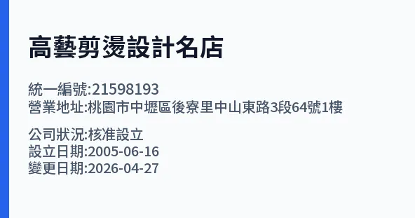 高藝剪燙設計名店的照片-統編 21598193(桃園市) 公司登記資料與營業項目詳細圖表