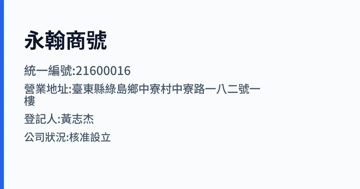 永翰商號 - 統編 21600016(臺東縣) 公司登記資料與營業項目詳細圖表