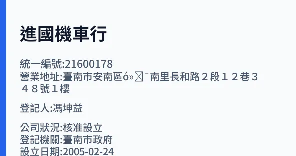 進國機車行的照片-統編 21600178(臺南市) 公司登記資料與營業項目詳細圖表